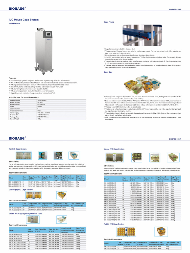 BIO BASE IVC Mouse Cage System - FICHA TECNICA | PDF