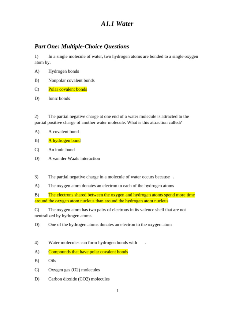 Structure and Properties of Water (WorkSheet) +AK | PDF | Chemical Bond ...