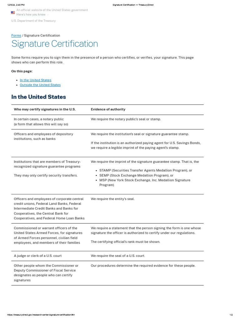 Signature Certification - TreasuryDirect | PDF | Securities (Finance ...
