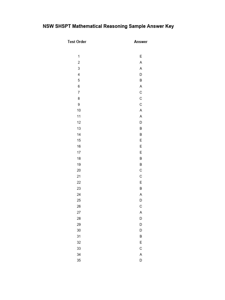 NSW SHSPT 2020 Mathematical Reasoning Sample Answer Key | PDF