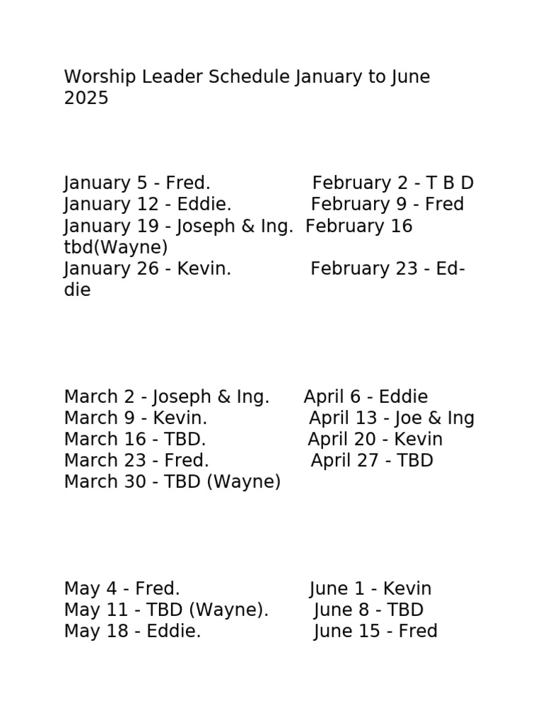 Worship Leader Schedule Jan-Jun 2025 | PDF
