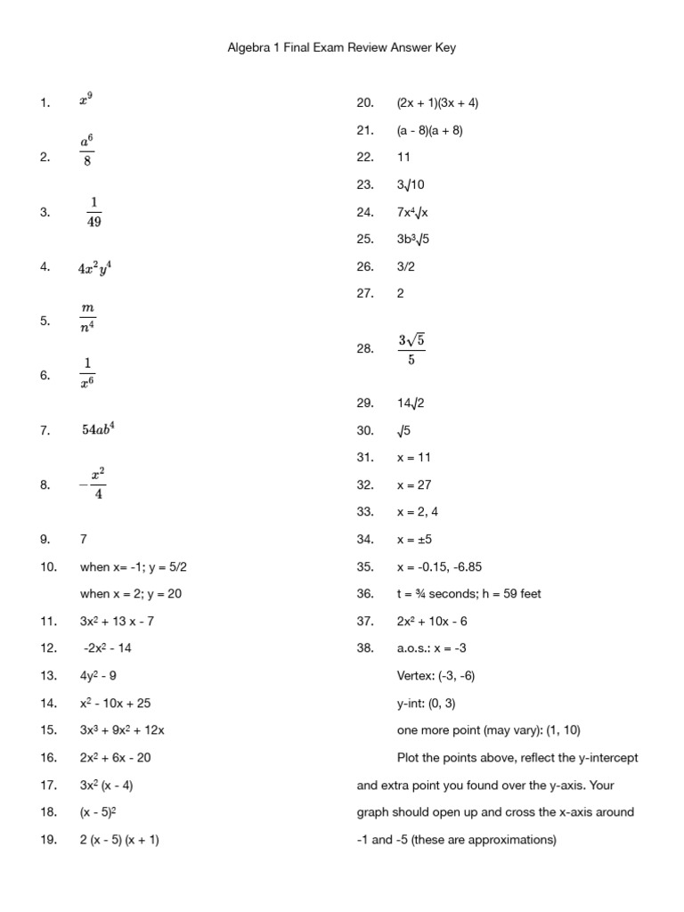 Algebra 1 Final Exam Review Key | PDF