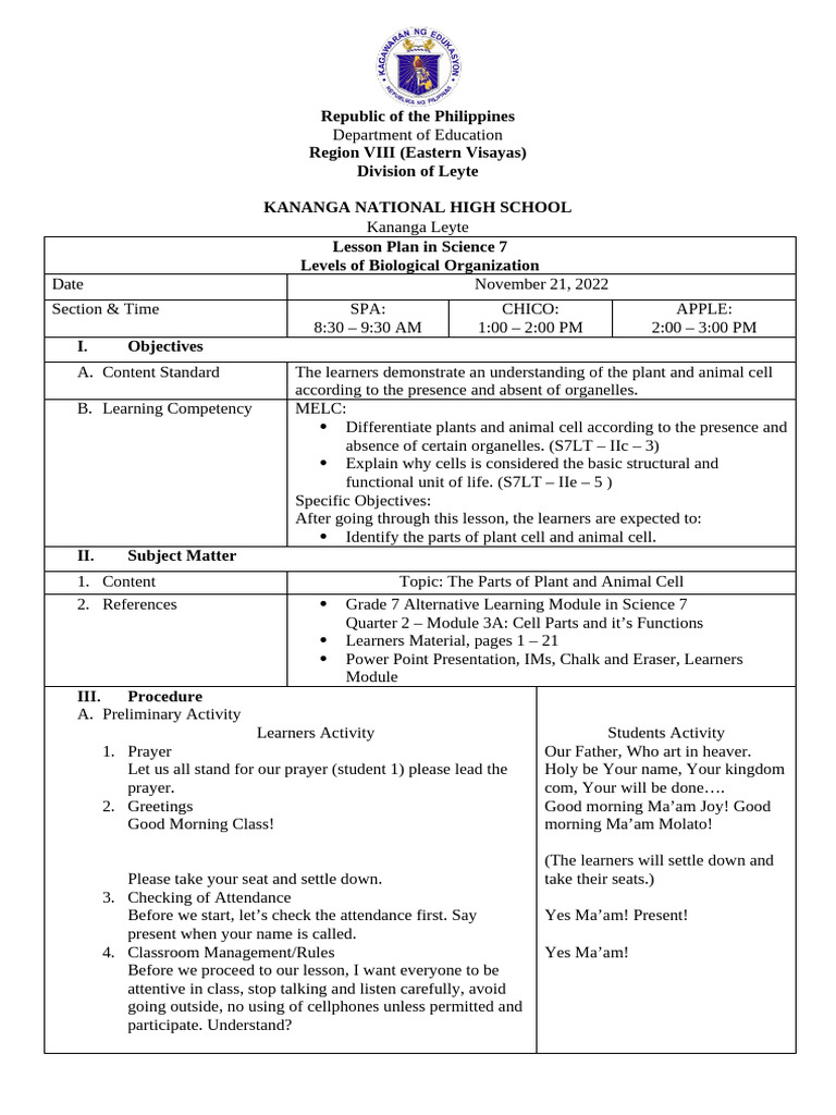 Lesson Plan in Science 7. W3AAnimal Cell and Plant Cell Parts. | PDF ...