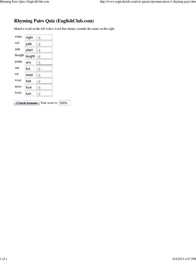 Rhyming Pairs Quiz - EnglishClub | PDF