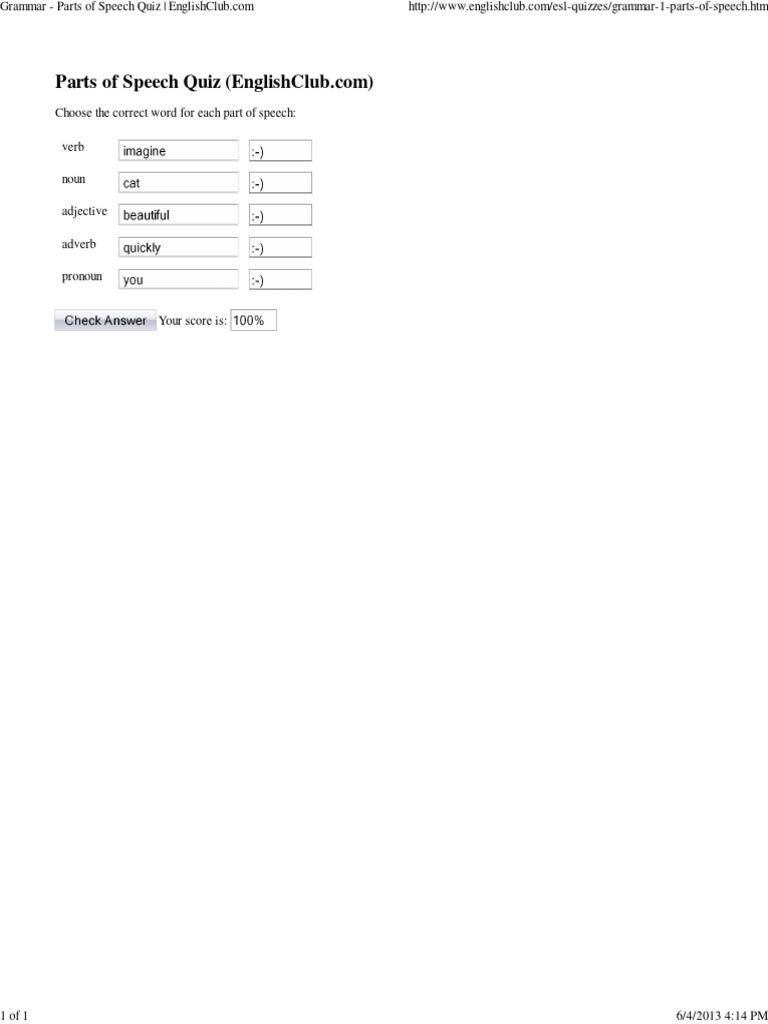 Grammar - Parts of Speech Quiz _ EnglishClub | PDF