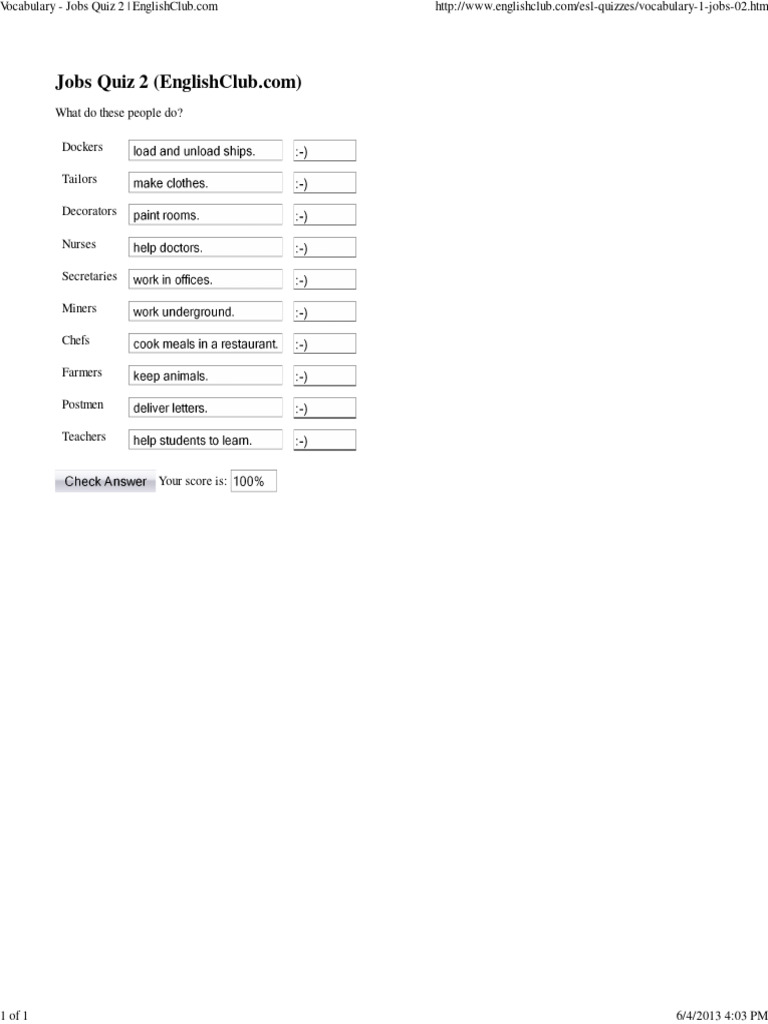 Vocabulary - Jobs Quiz 2 - EnglishClub | PDF