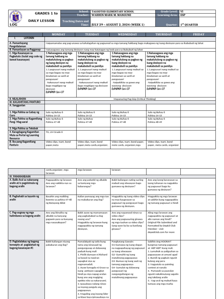 DLL - Esp 6 - Q1 - W1 | PDF