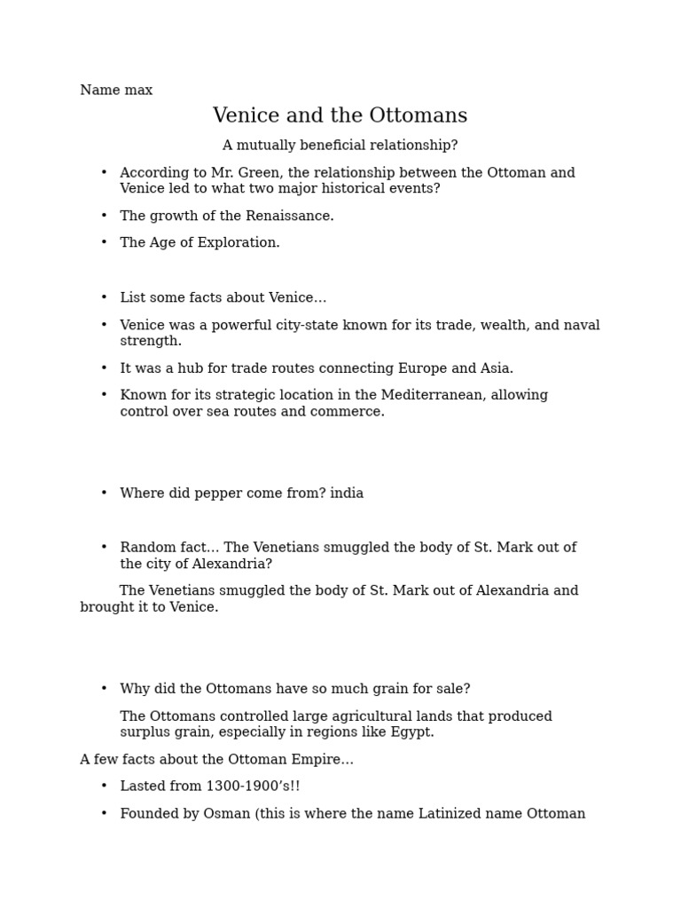 Crash Course - Venice and Ottomans Guide Questions | PDF | Republic Of ...