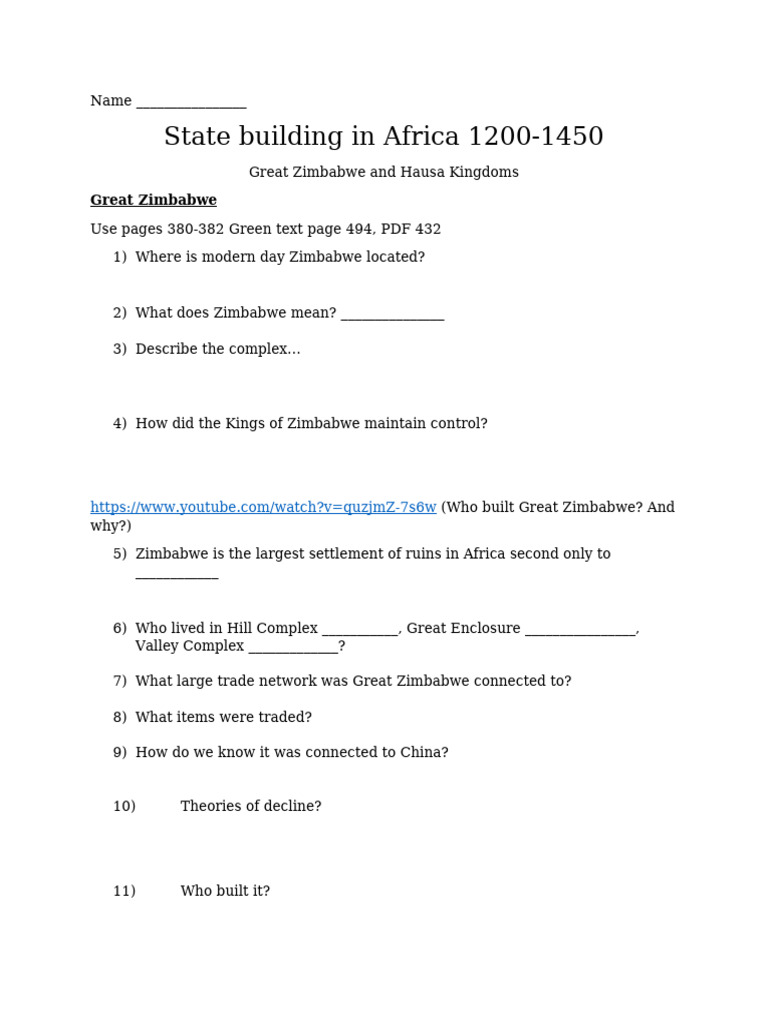 State Builing in Africa Great Zimbabwe Ethiopia Hausa Questions | PDF