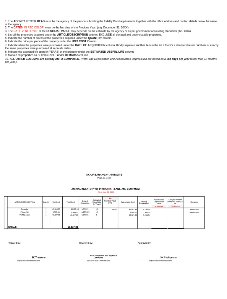 Inventory of PPE Template 3 | PDF | Depreciation | Book Value