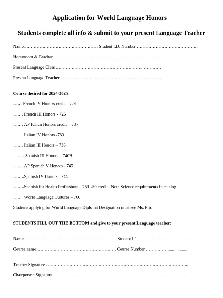 2024 World Language - Honors - Application | PDF