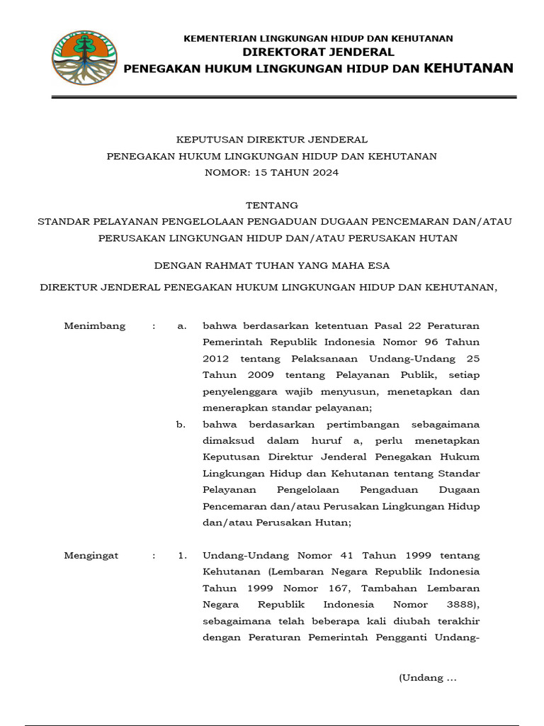 Standar Layanan Pengaduan LHK | PDF