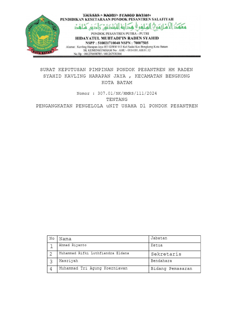 SK Pengangkatan Unit Usaha | PDF