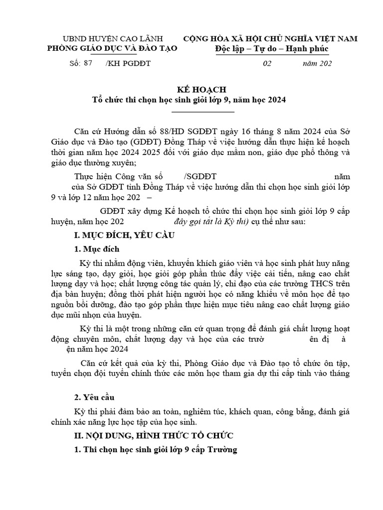 KH Thi Chon HSG Lop 9 Cap Huyen NH 20242025 PGD | PDF