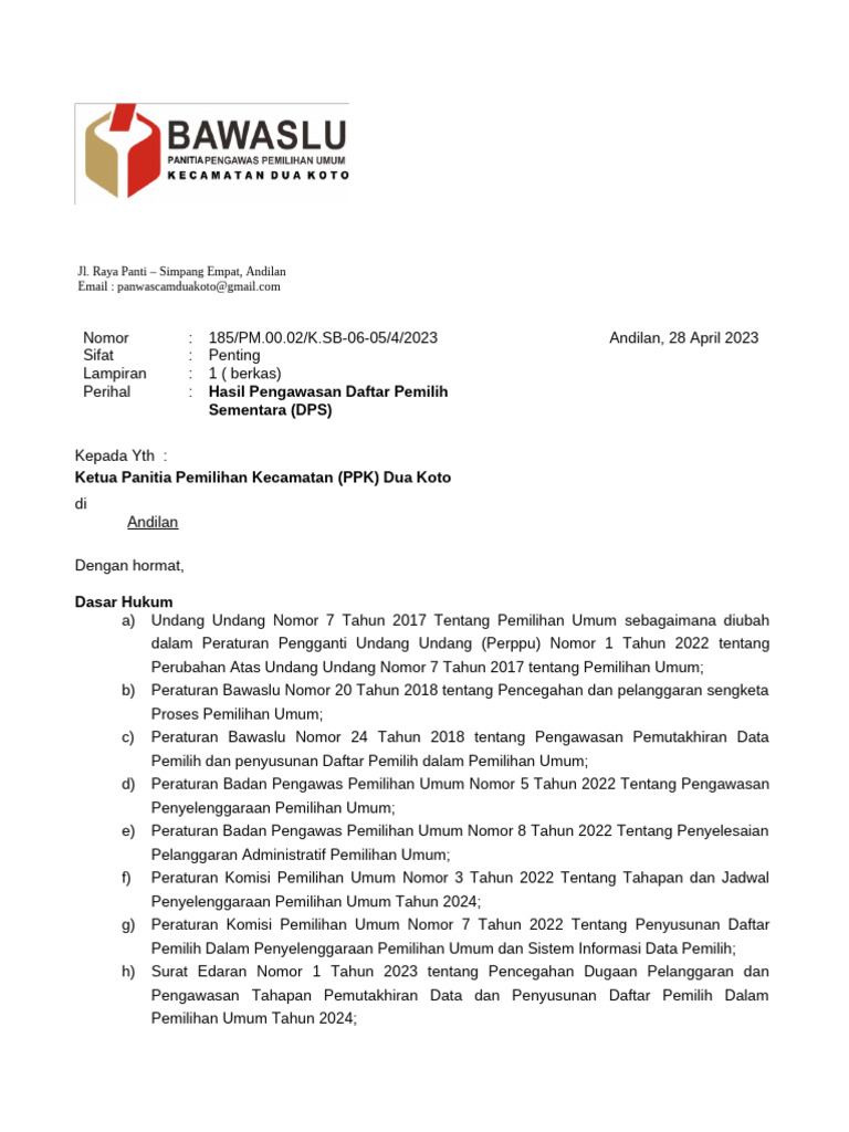 contoh surat pencermatan DPS ok | PDF contoh surat pencermatan DPS ok | PDF