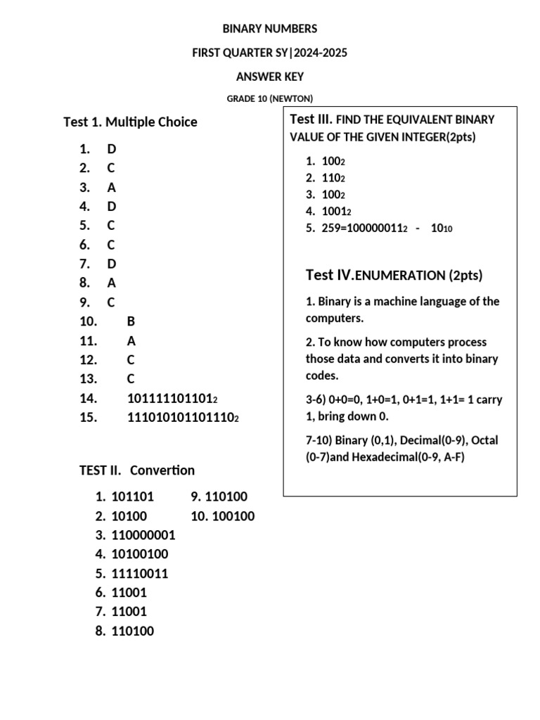 Answer Key Grade 10 NEWTON FIRST QUARTER SY24-25 | PDF