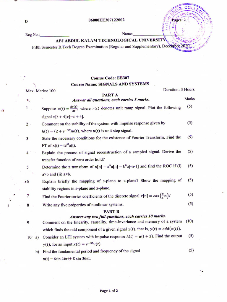 Ee307 Signals and Systems, December 2020 | PDF | Harmonic Analysis | Fourier Analysis