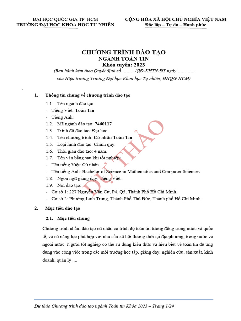 Toan Tin Du Thao CTDT Khoa 2023 | PDF
