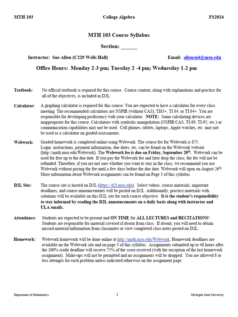 FS24 Course Syllabus (Sue Allen) | PDF | Quadratic Equation ...