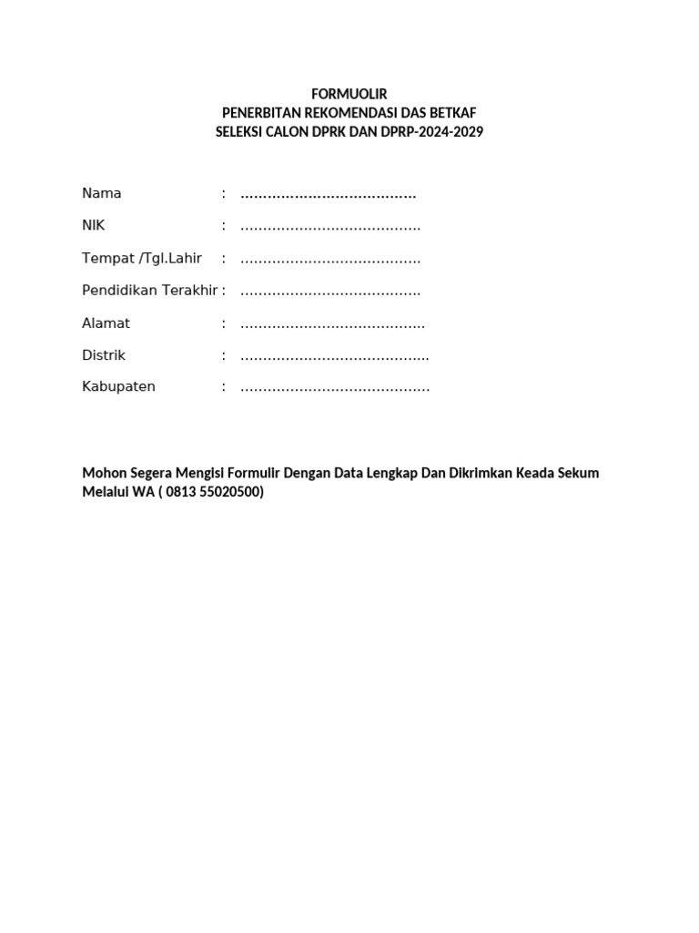 Formilir Rekomendasi Calon DPRK-DPRP-DAS BETKAF-2024 | PDF