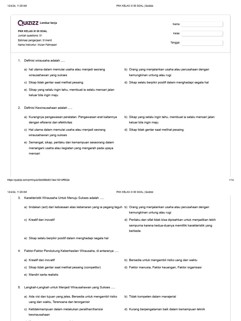Soal PKK Kelas XI: Wirausaha dan Kewirausahaan | PDF