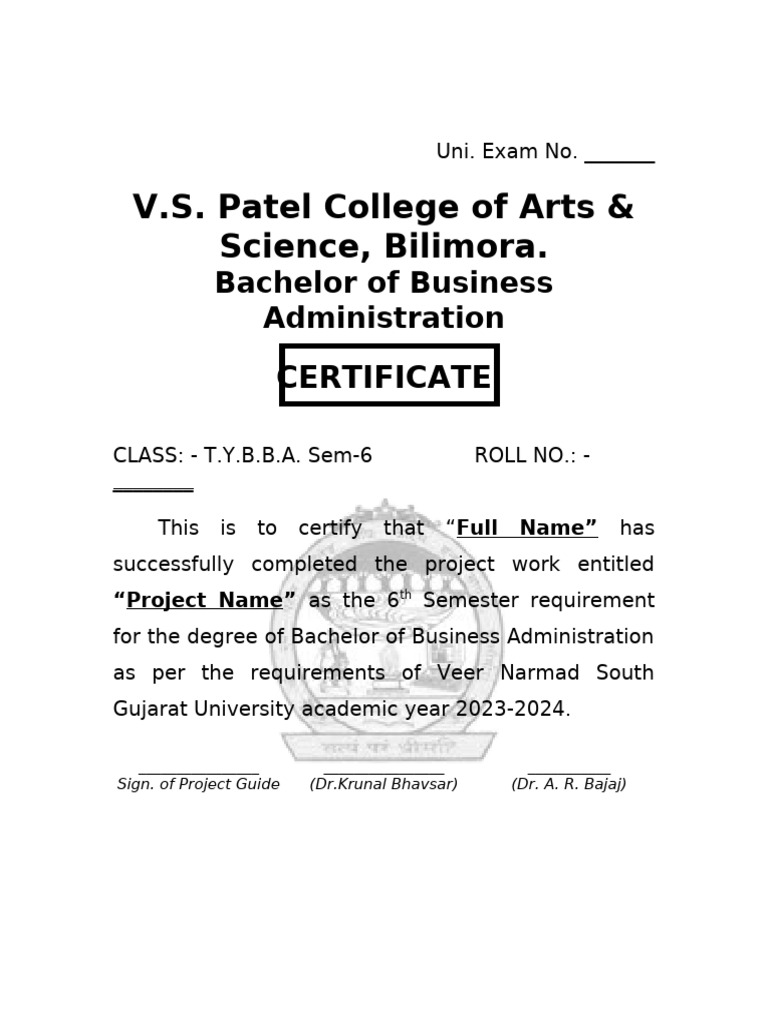 Project Certificate From College-BBA 23-24 | PDF