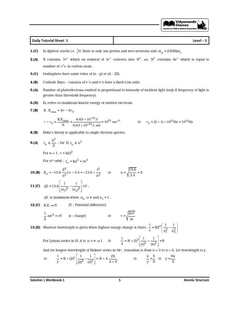 Atomic Structure Solution DTS-1 | PDF | Photoelectric Effect | Electron