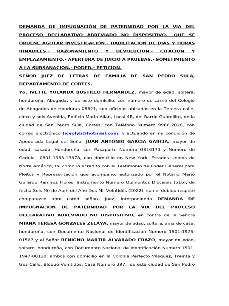 Impug - Paternidad Lomas Nuevo Codigo Ivette | PDF | Demanda judicial | Documento de identidad