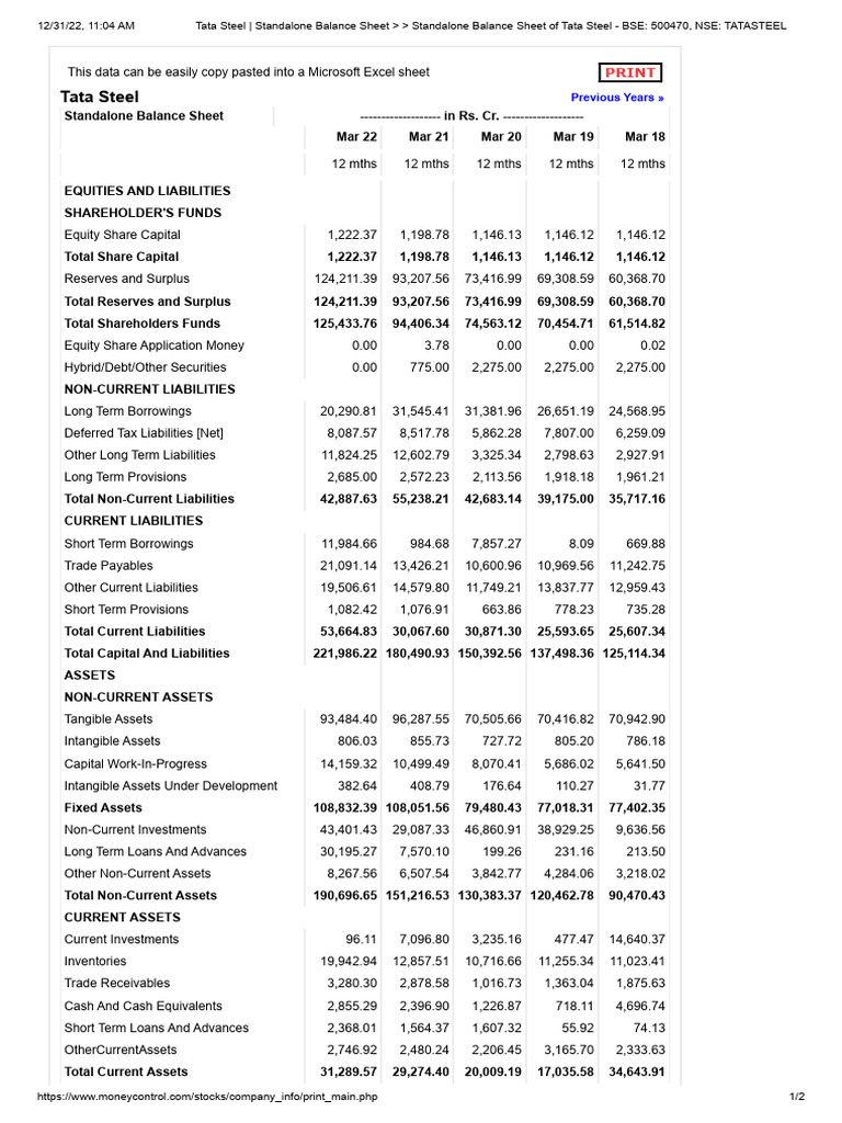 TATA STEEL Balance Sheet | PDF | Balance Sheet | Equity (Finance)