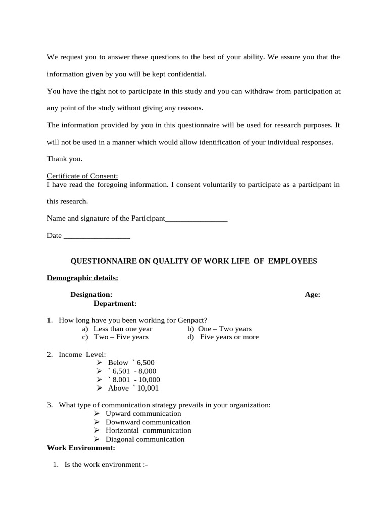 Employee Quality of Work Life Survey | PDF | Organizational Behavior ...