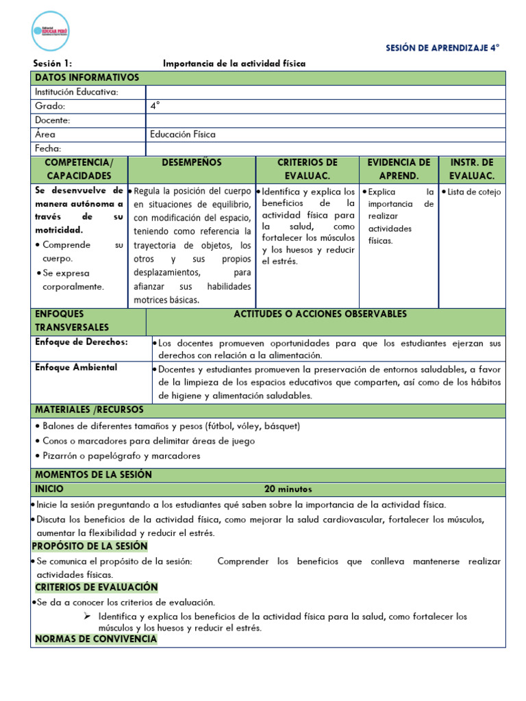 Sesión de Aprendizaje 4°: Explica La Importancia de Realizar Actividades Físicas. Lista de ...