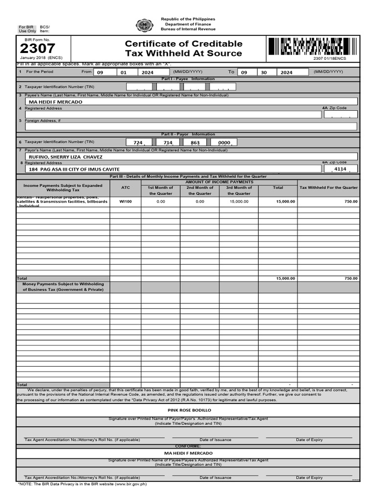 2307 SEPT 2024 SARIOS | PDF | Payments | Taxes