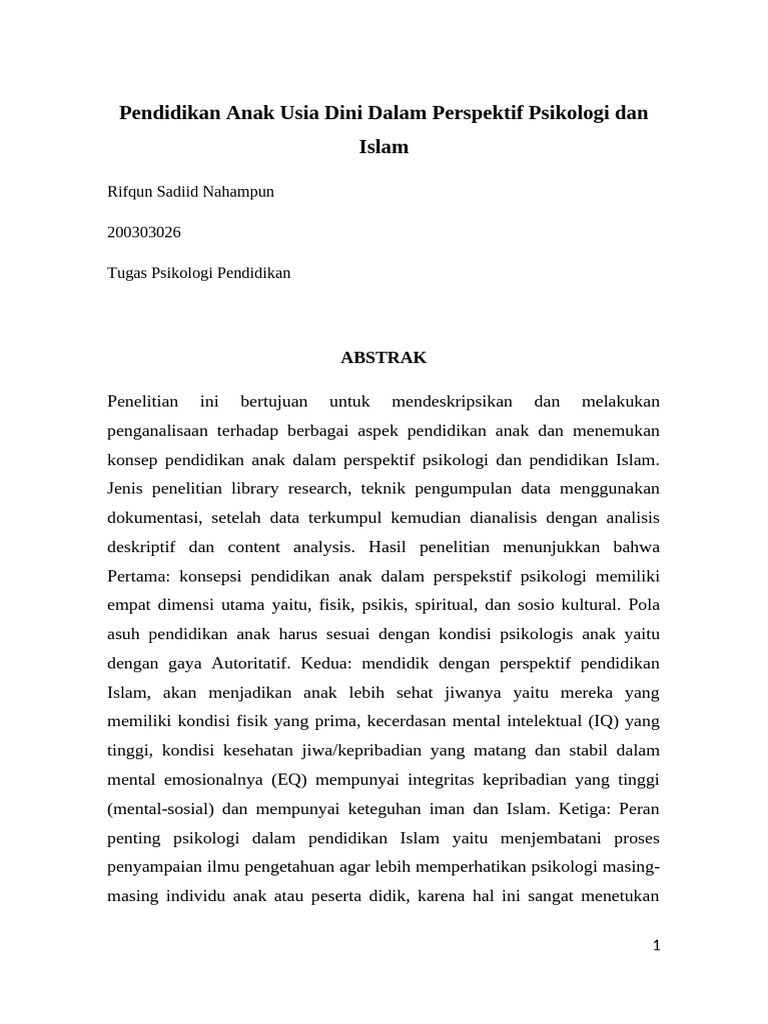 Pendidikan Anak Usia Dini Dalam Perspektif Psikologi Dan Islam | PDF