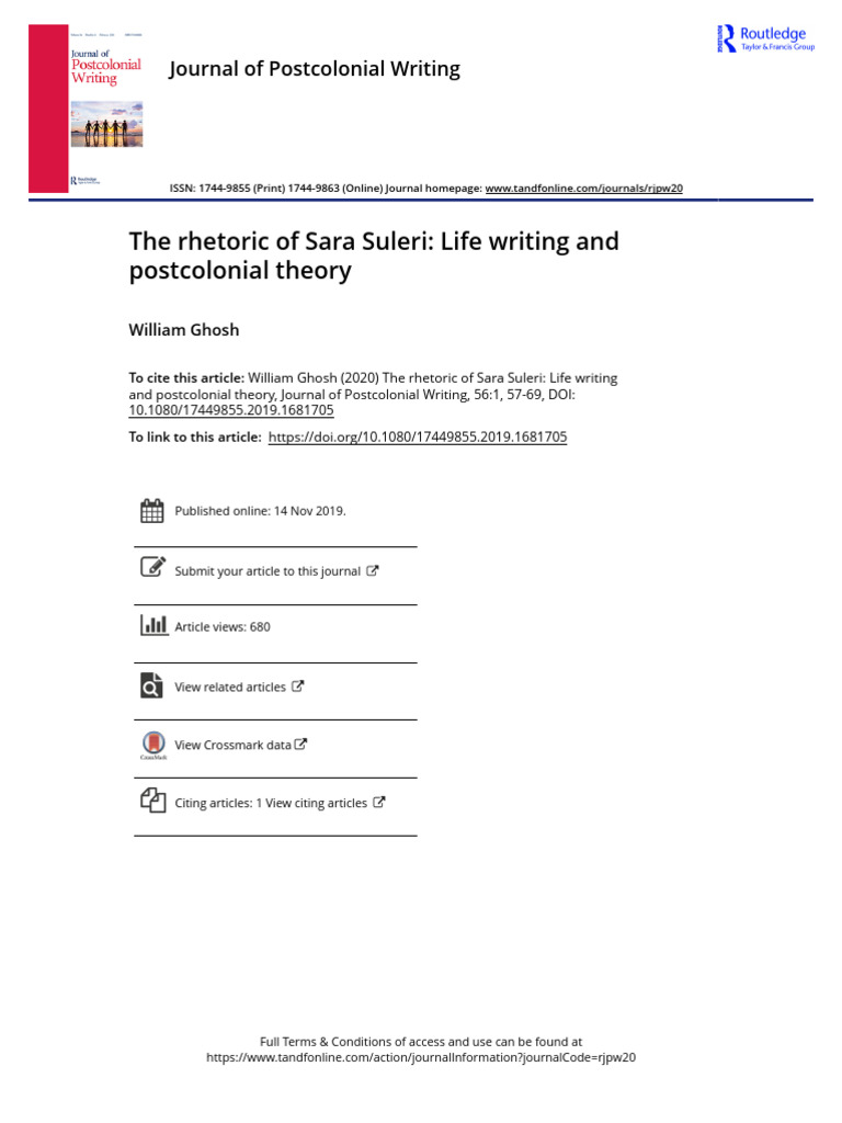 The Rhetoric of Sara Suleri Life Writing and Postcolonial Theory | PDF ...