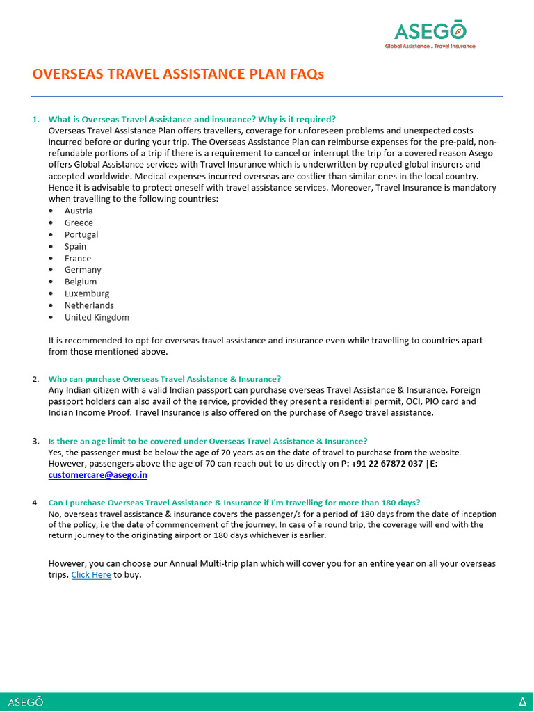 Overseas Travel Assistance FAQs | PDF | Insurance | Deductible