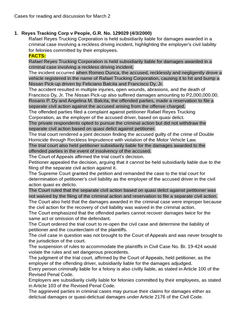 Cases For Reading and Discussion For March 2 | PDF | Legal Liability ...