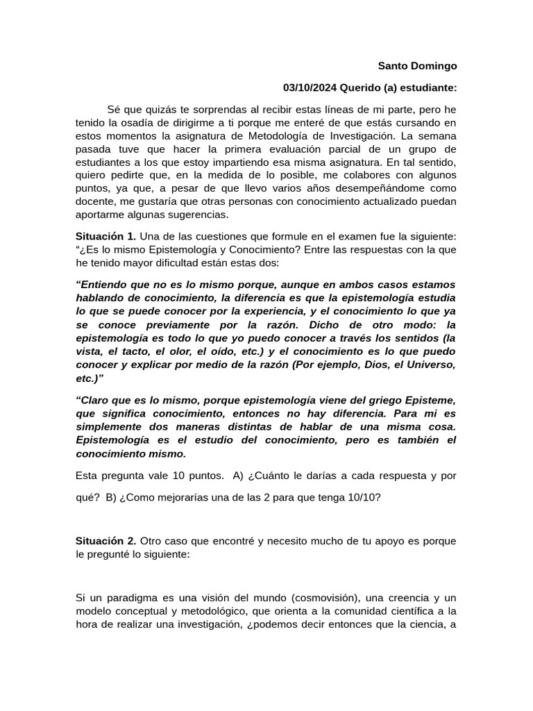 Evaluacion Parcial Met Inv Octubre 2024 | PDF | Conocimiento | Paradigma