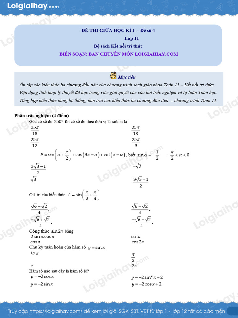 De Thi Giua Ki 1 Toan 11 Ket Noi Tri Thuc de So 4 1696326786 | PDF