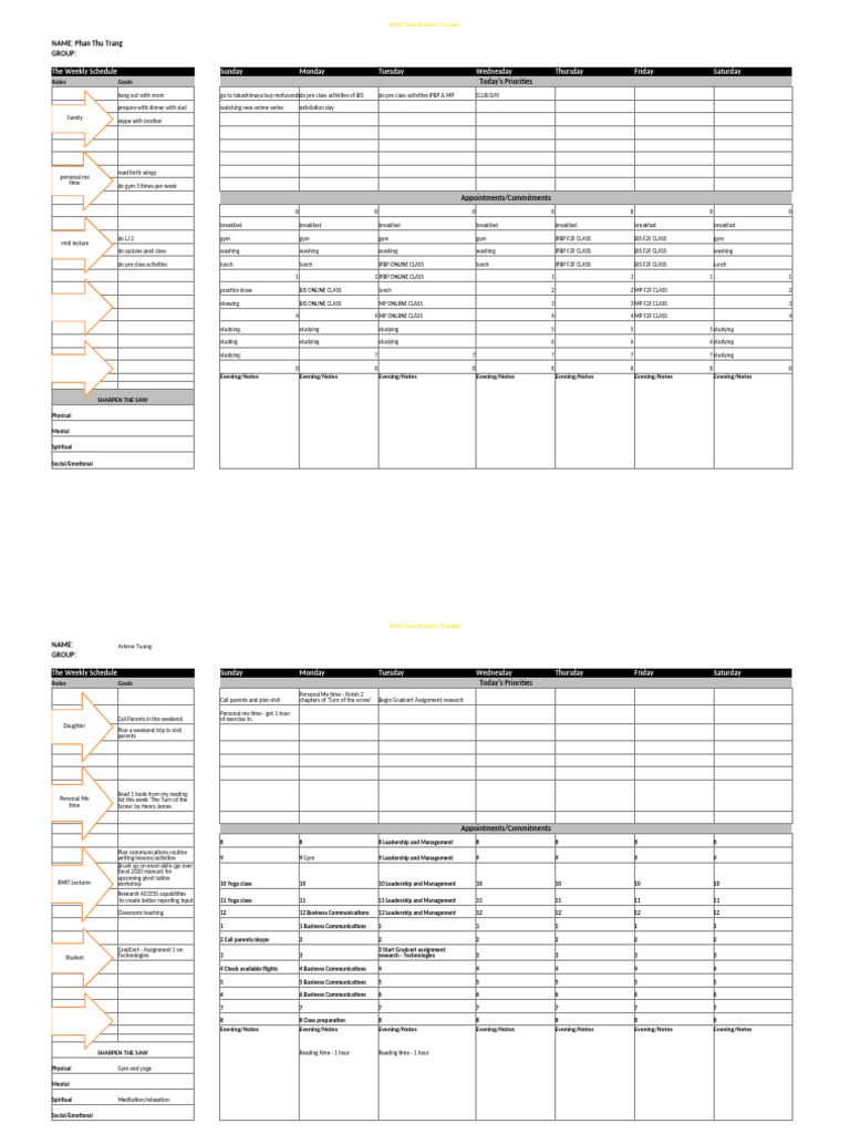 Covey's Weekly Planner - Phan Thu Trang | PDF | Yoga | Spirituality