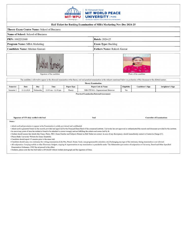 Muskan Kumari Hall Ticket | PDF