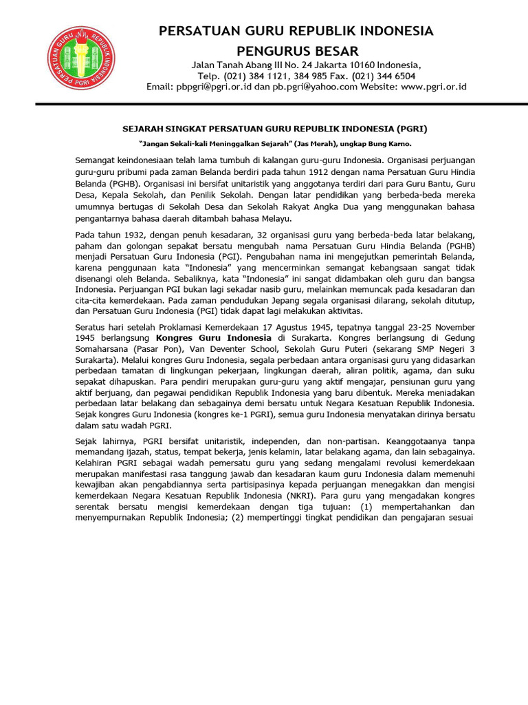 Sejarah Singkat Pgri-1 | PDF