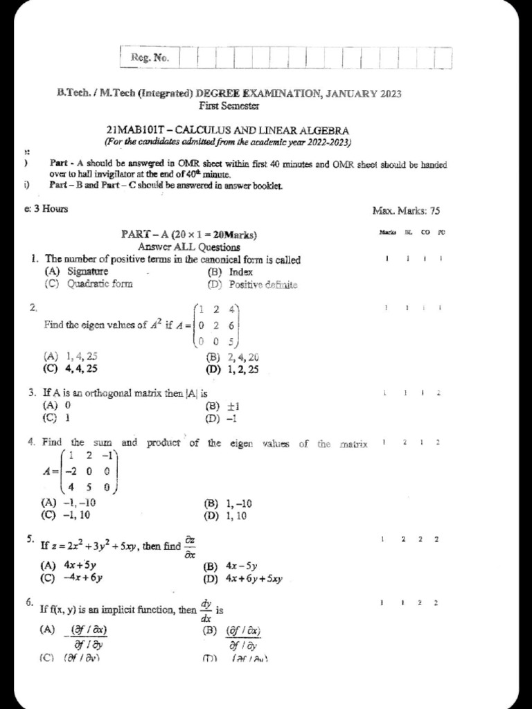 1st Semester Cse Sample Paper | PDF | Mathematical Concepts ...