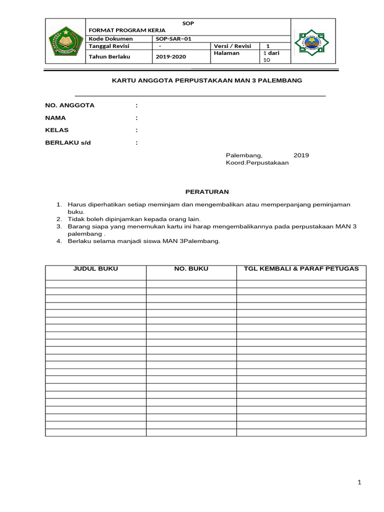 Format Kartu Perpustakaan Iso 2019 | PDF