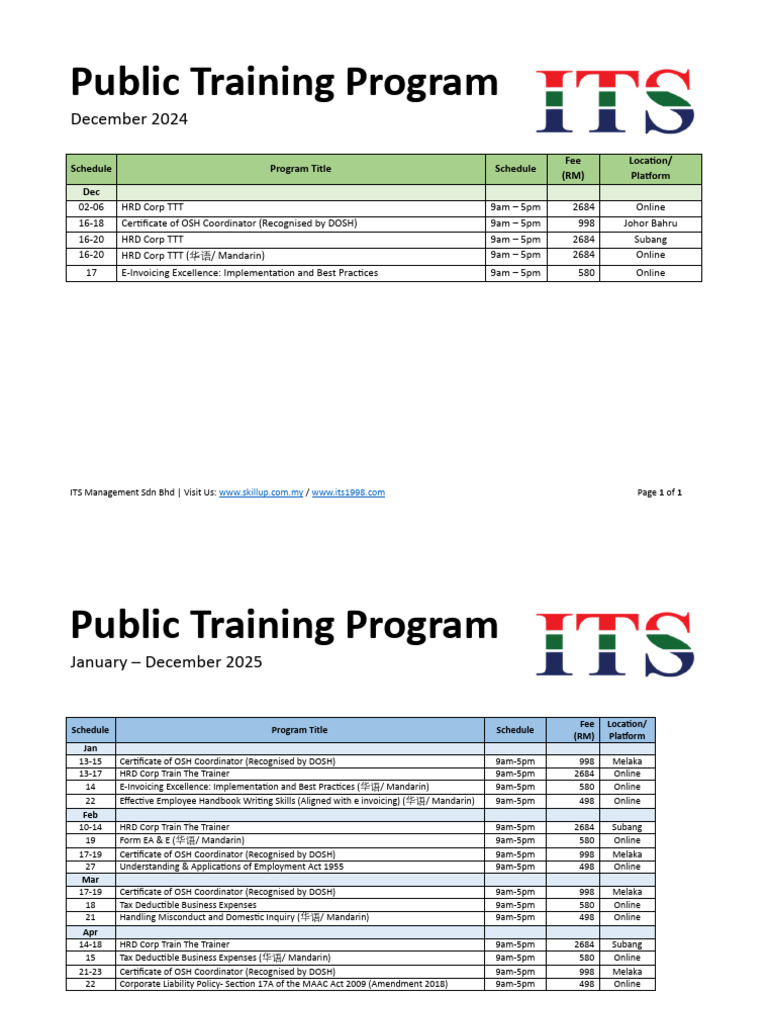 Leaflet - Training Calendar (2024 - 2025) ITS Management | PDF
