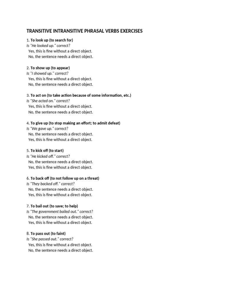 TRANSITIVE INTRANSITIVE PHRASAL VERBS EXERCISES | PDF | Grammatical ... TRANSITIVE INTRANSITIVE PHRASAL VERBS EXERCISES | PDF | Grammatical ...