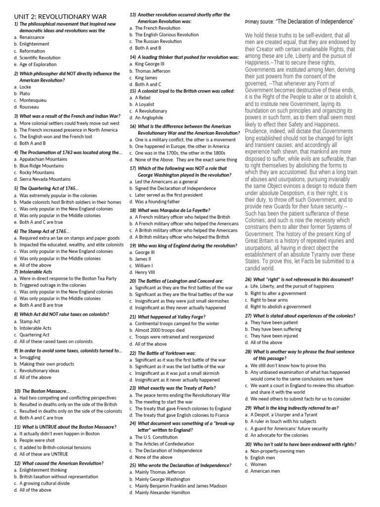 8th Grade UNIT 2 Revolutionary War Exam | PDF | United States ...