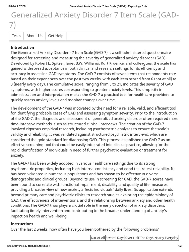 Generalized Anxiety Disorder 7 Item Scale (GAD-7) - Psychology Tools ...