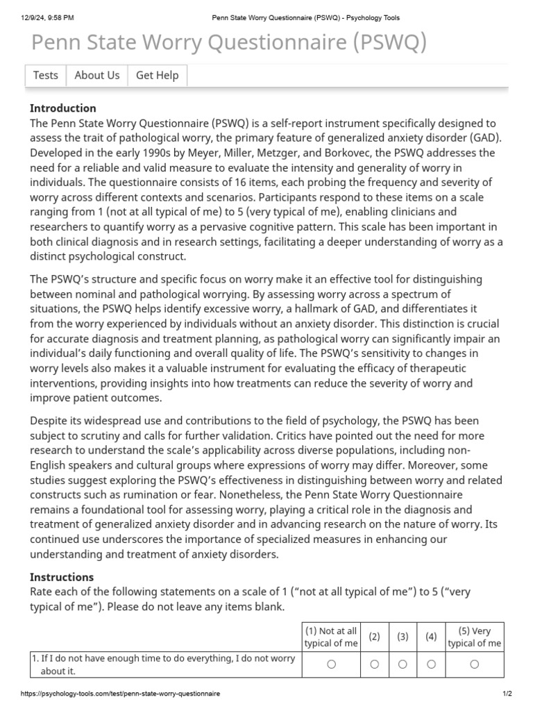 Penn State Worry Questionnaire Guide | PDF | Anxiety Disorder | Psychology