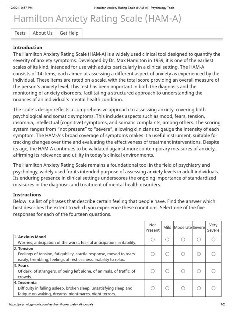 Hamilton Anxiety Rating Scale (HAM-A) - Psychology Tools | PDF ...