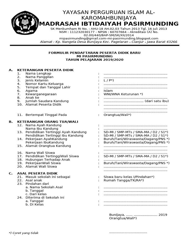 FORMULIR PENDAFTARAN PESERTA DIDIK BARU | PDF FORMULIR PENDAFTARAN PESERTA DIDIK BARU | PDF